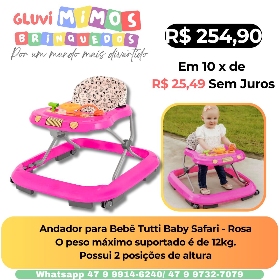 Andador para Bebê Tutti Baby Safari – Rosa – Gluvi Mimos Brinquedos