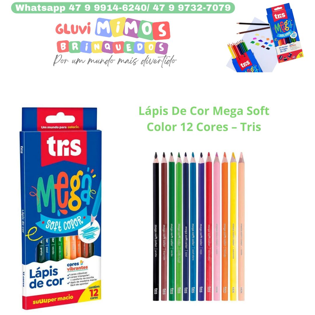 Lápis de Cor 12 Cores Triangular Tris Mega Soft – Gluvi Mimos Brinquedos