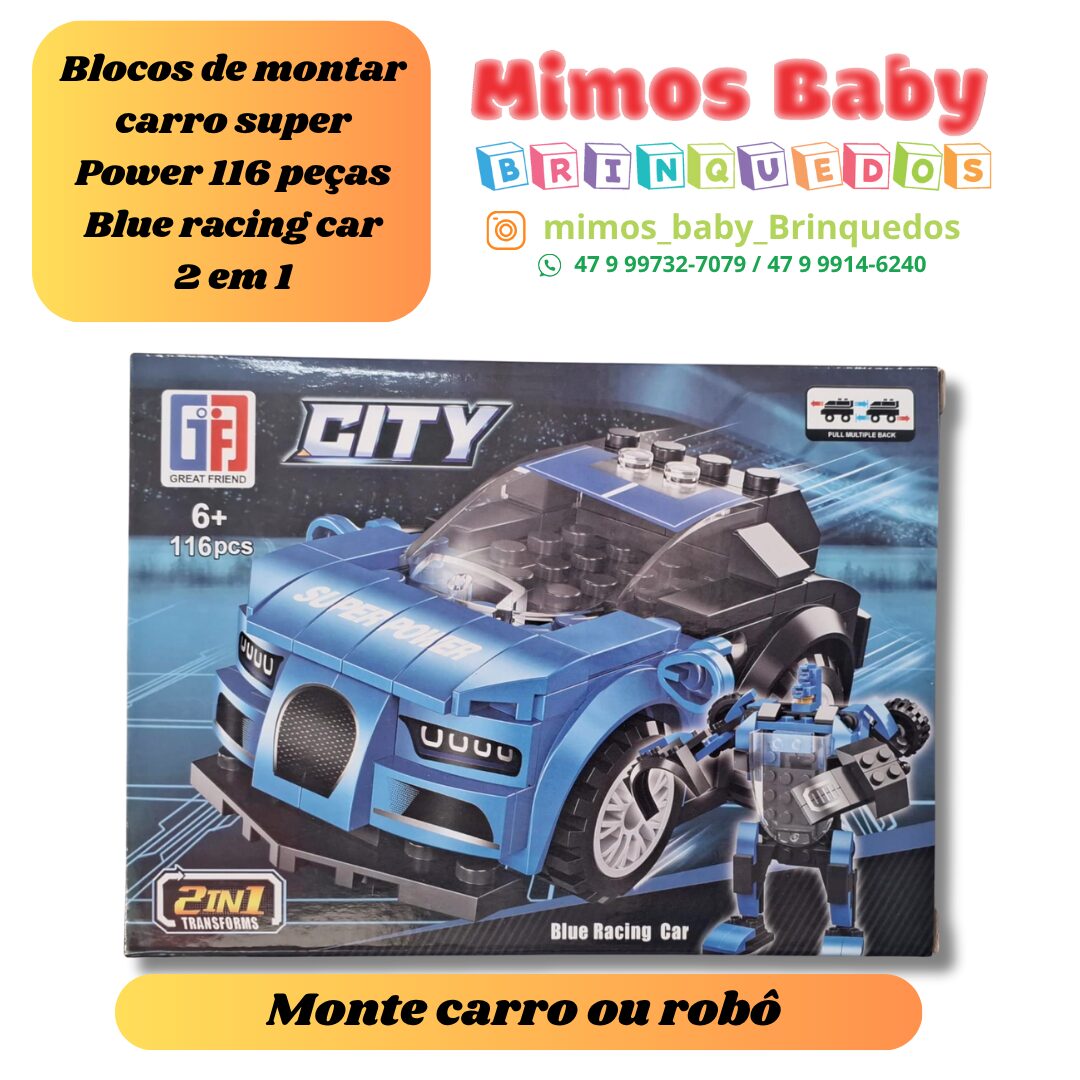 Blocos de montar carro super Power 116 peças Blue racing car 2 em 1 ...