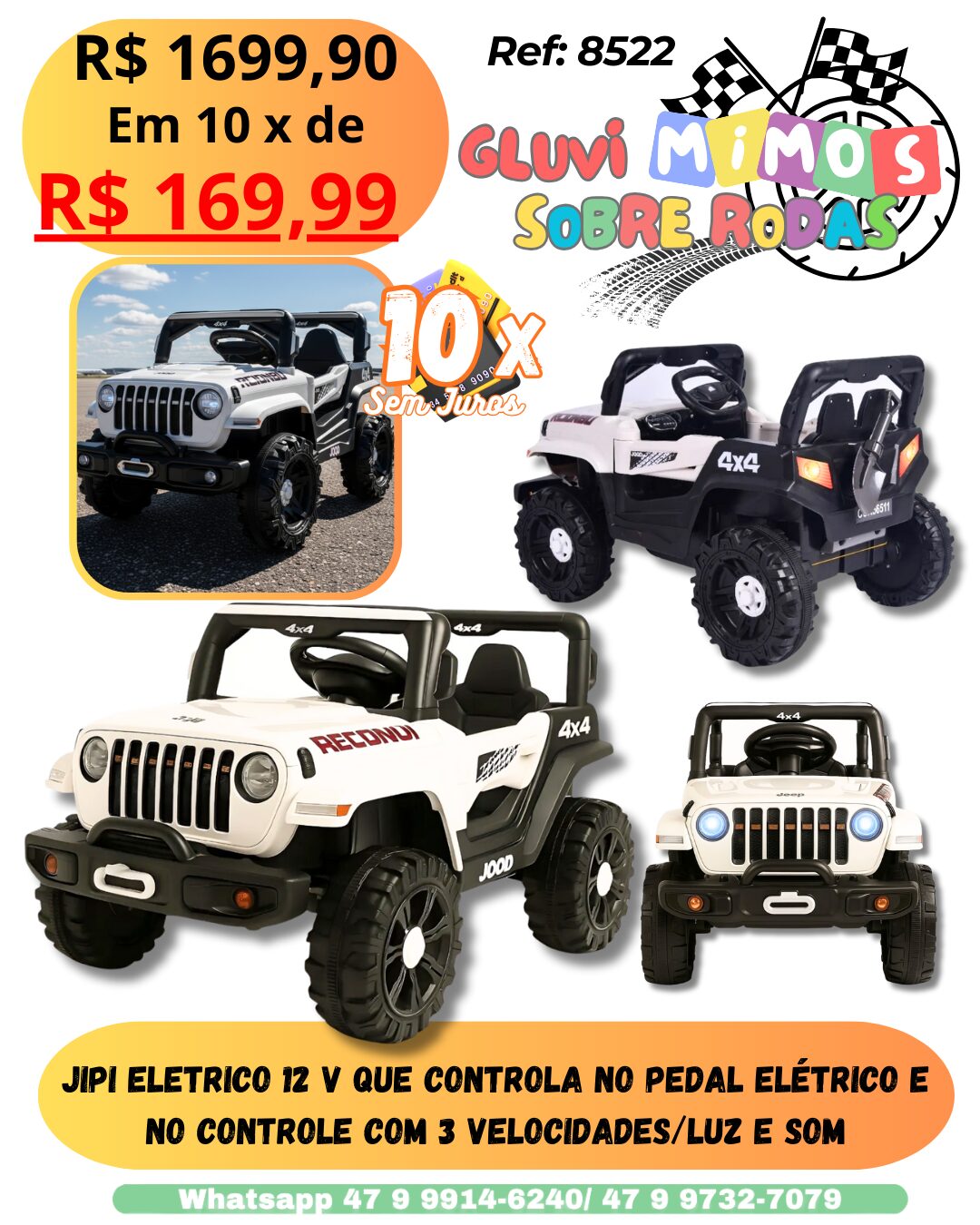 Jipi Eletrico 12 V que controla no pedal elétrico e no controle com 3 ...